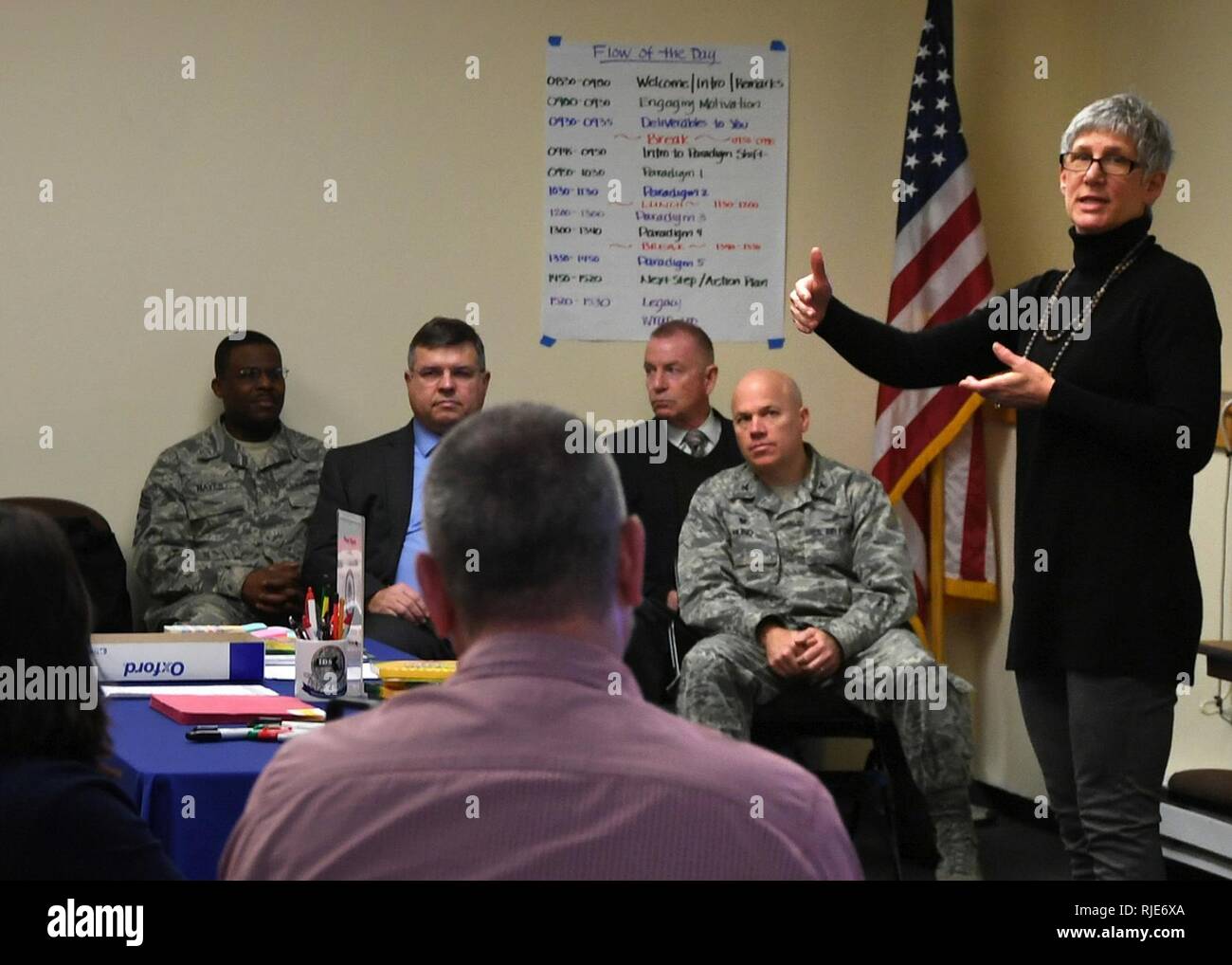 Carolyn McCafferty, Hanscom's community support coordinator, speaks to ...