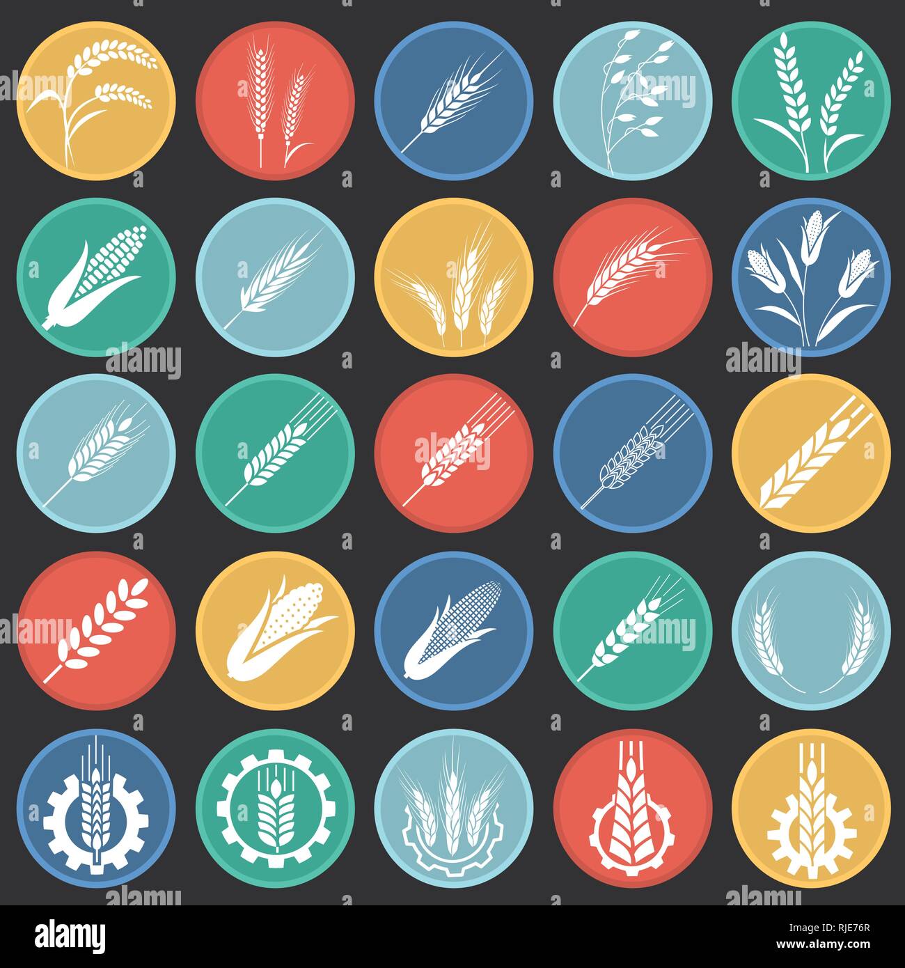 Cereal icons set on color circles black background for graphic and web ...