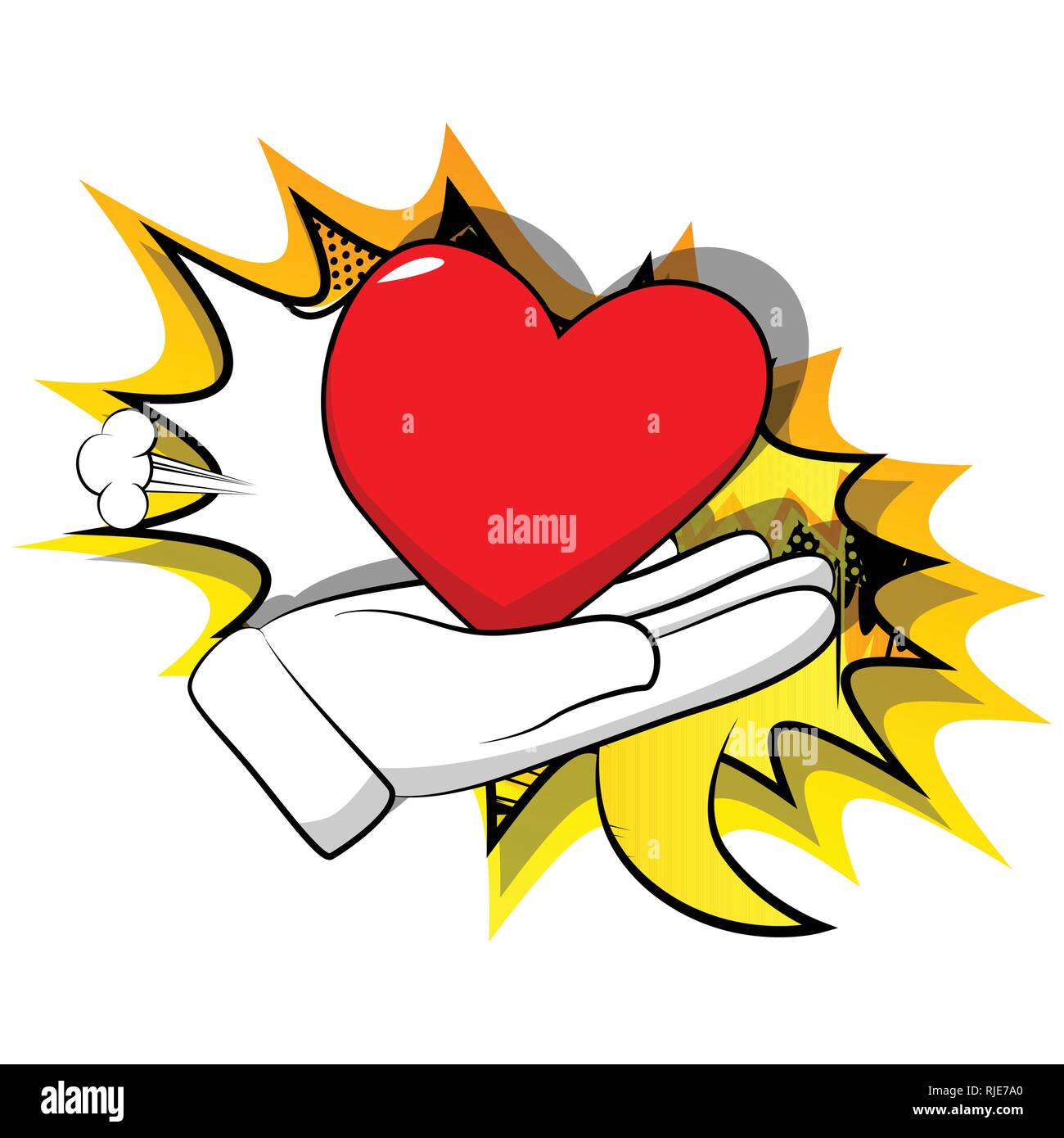 Vector cartoon hand showing red heart. Illustrated sign on comic book ...