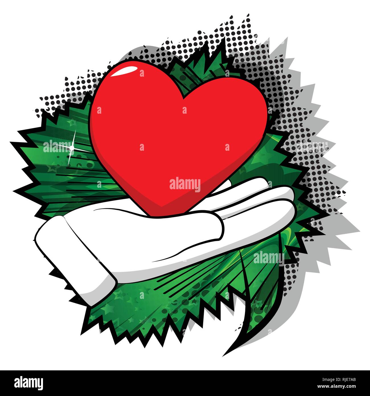 Vector cartoon hand showing red heart. Illustrated sign on comic book ...