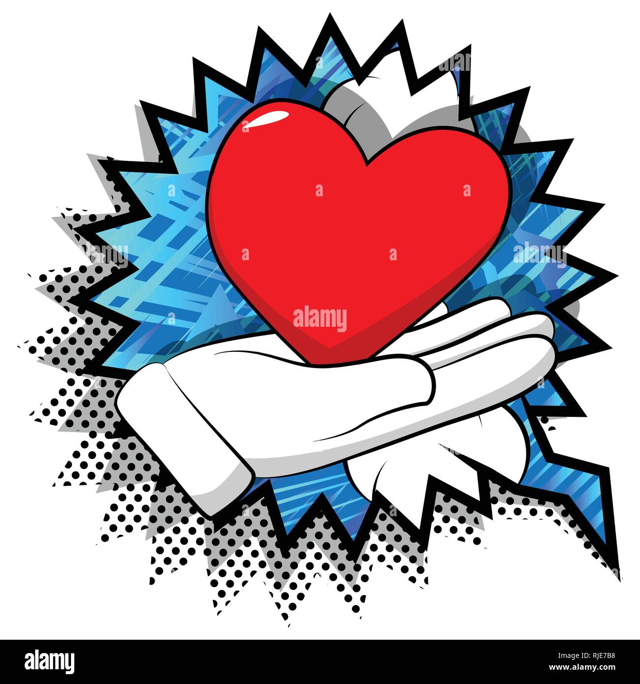 Vector cartoon hand showing red heart. Illustrated sign on comic book ...