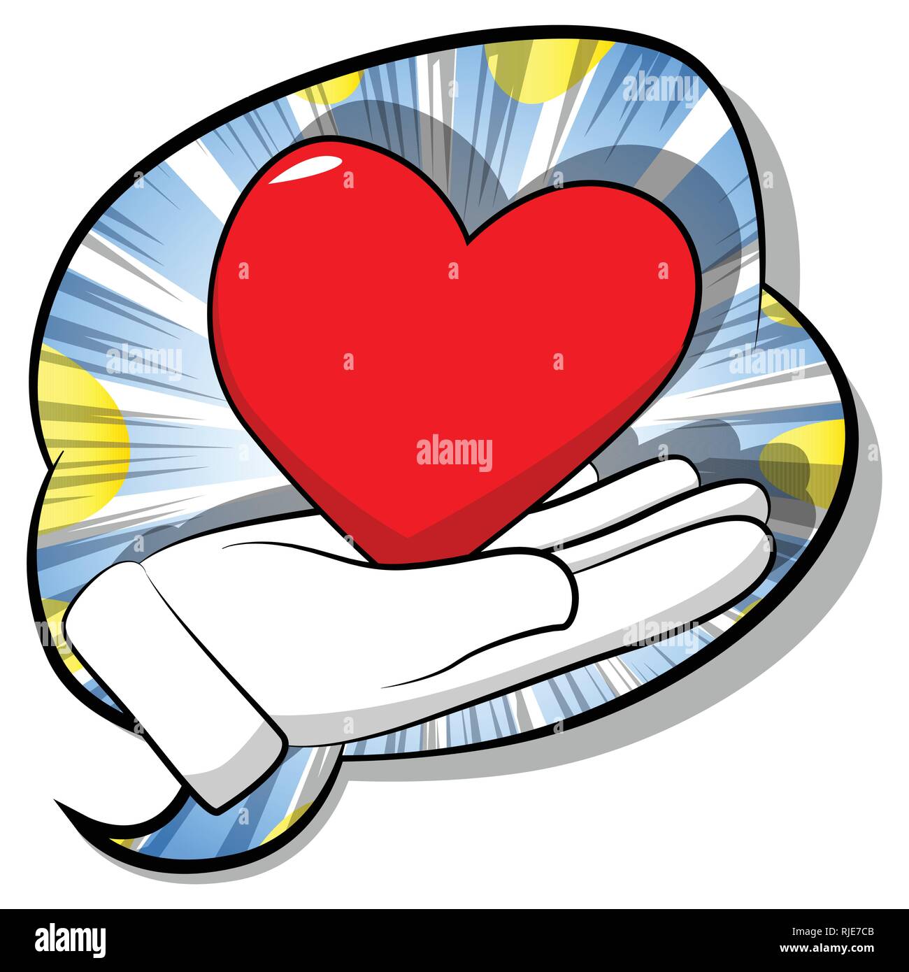 Vector cartoon hand showing red heart. Illustrated sign on comic book ...