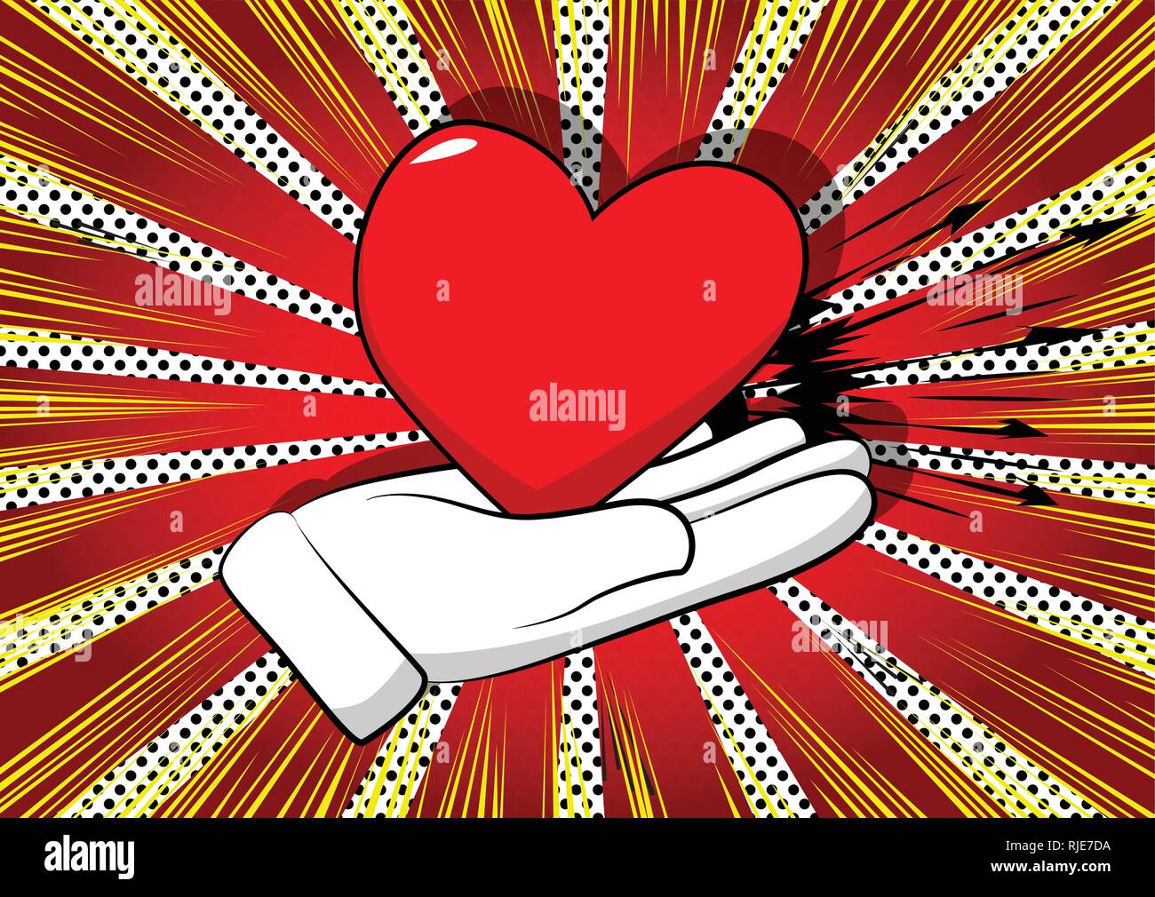 Vector cartoon hand showing red heart. Illustrated sign on comic book ...