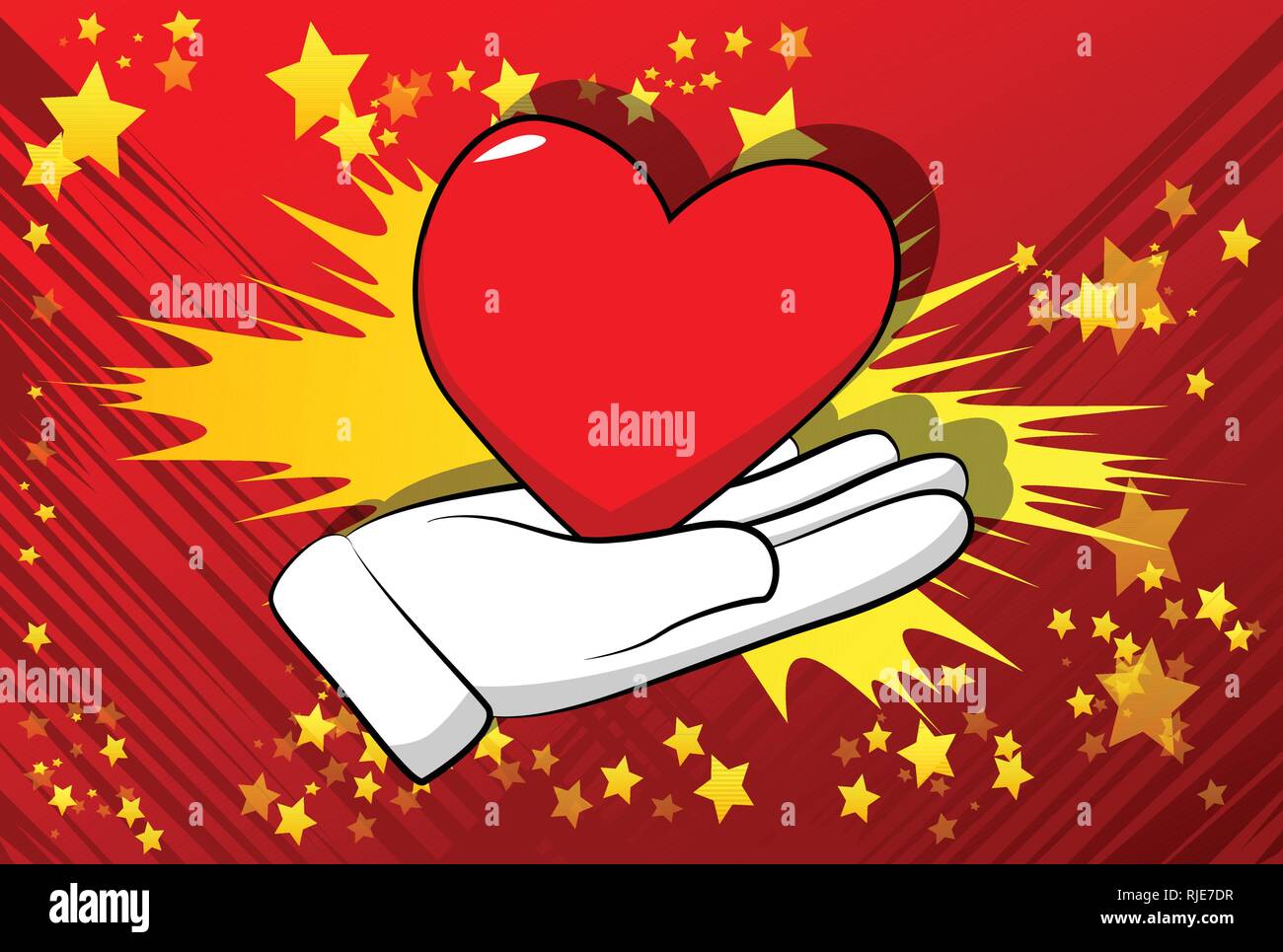 Vector cartoon hand showing red heart. Illustrated sign on comic book ...