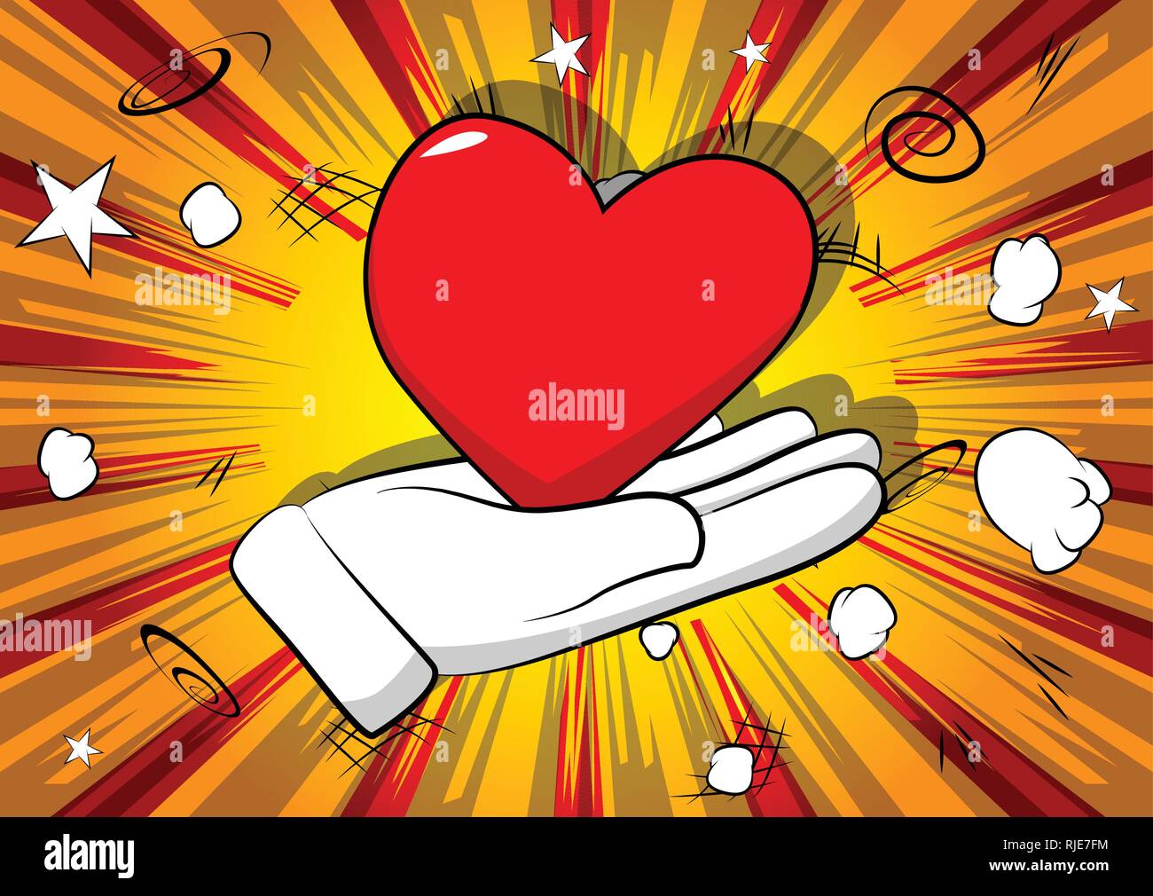 Vector cartoon hand showing red heart. Illustrated sign on comic book ...