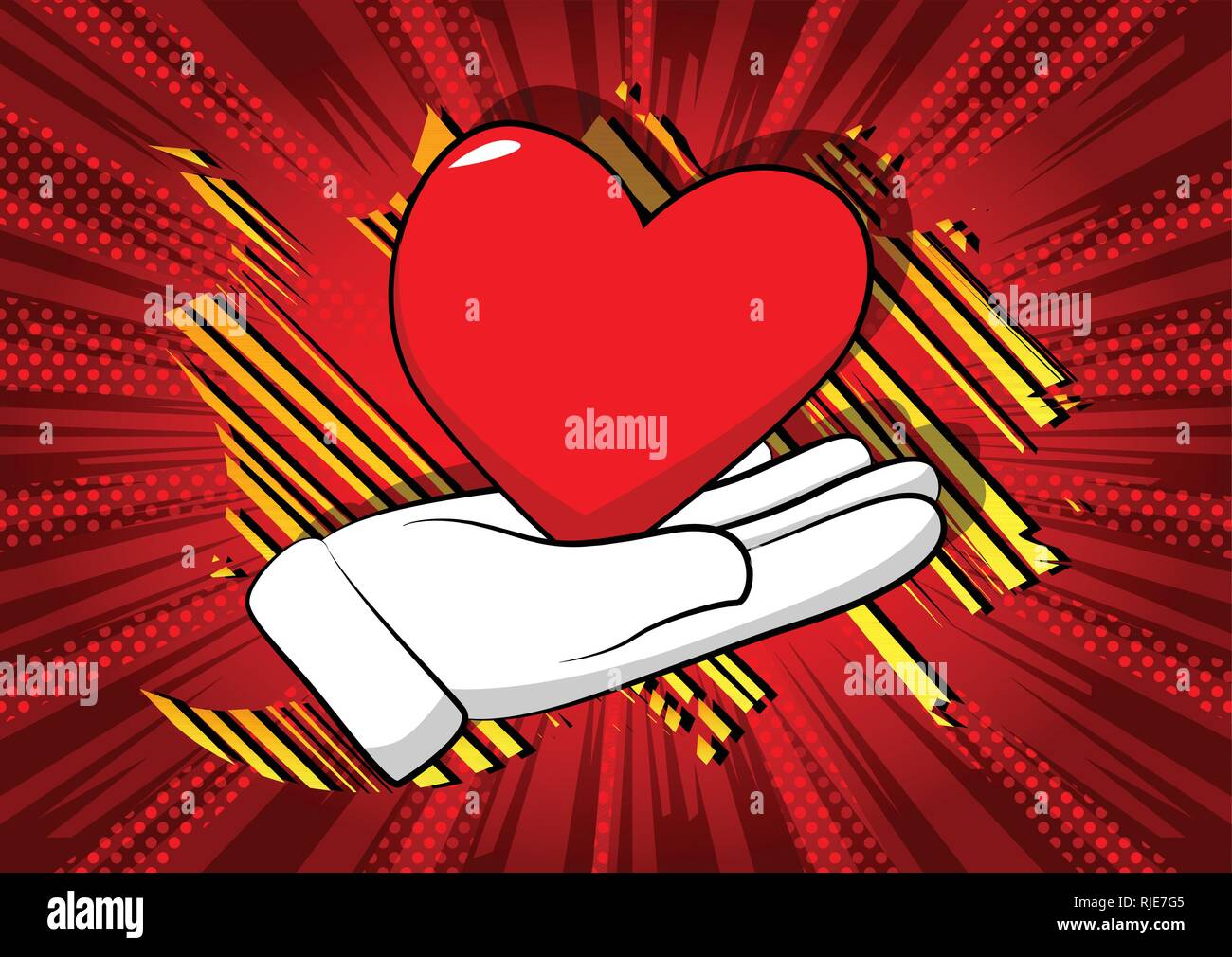 Vector cartoon hand showing red heart. Illustrated sign on comic book ...