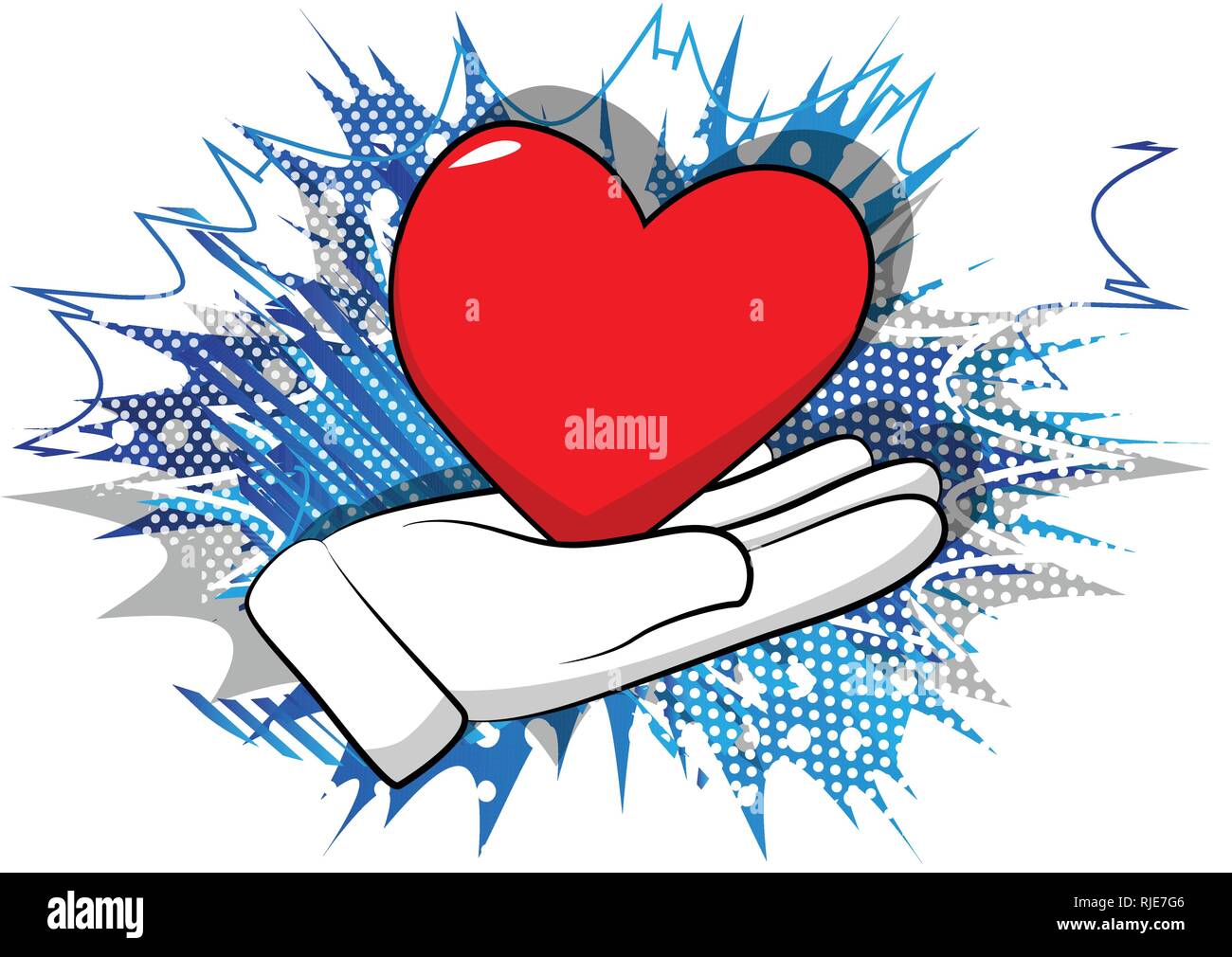 Vector cartoon hand showing red heart. Illustrated sign on comic book ...