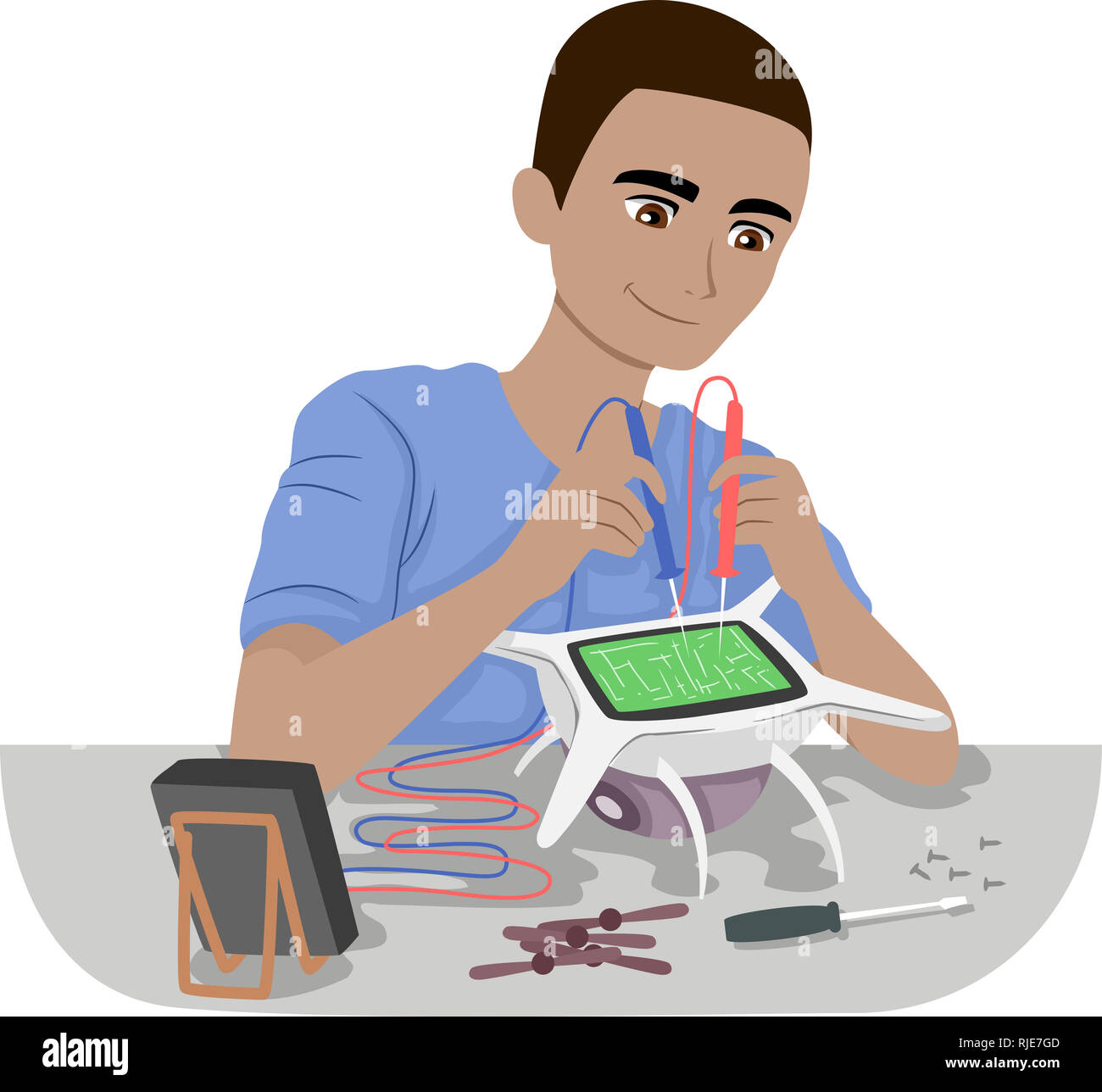Illustration of a Teenage Guy Using a Multi Tester Tool and Repairing ...