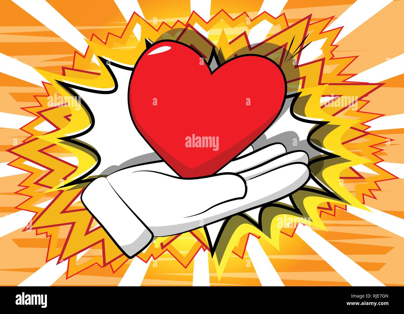 Vector cartoon hand showing red heart. Illustrated sign on comic book ...
