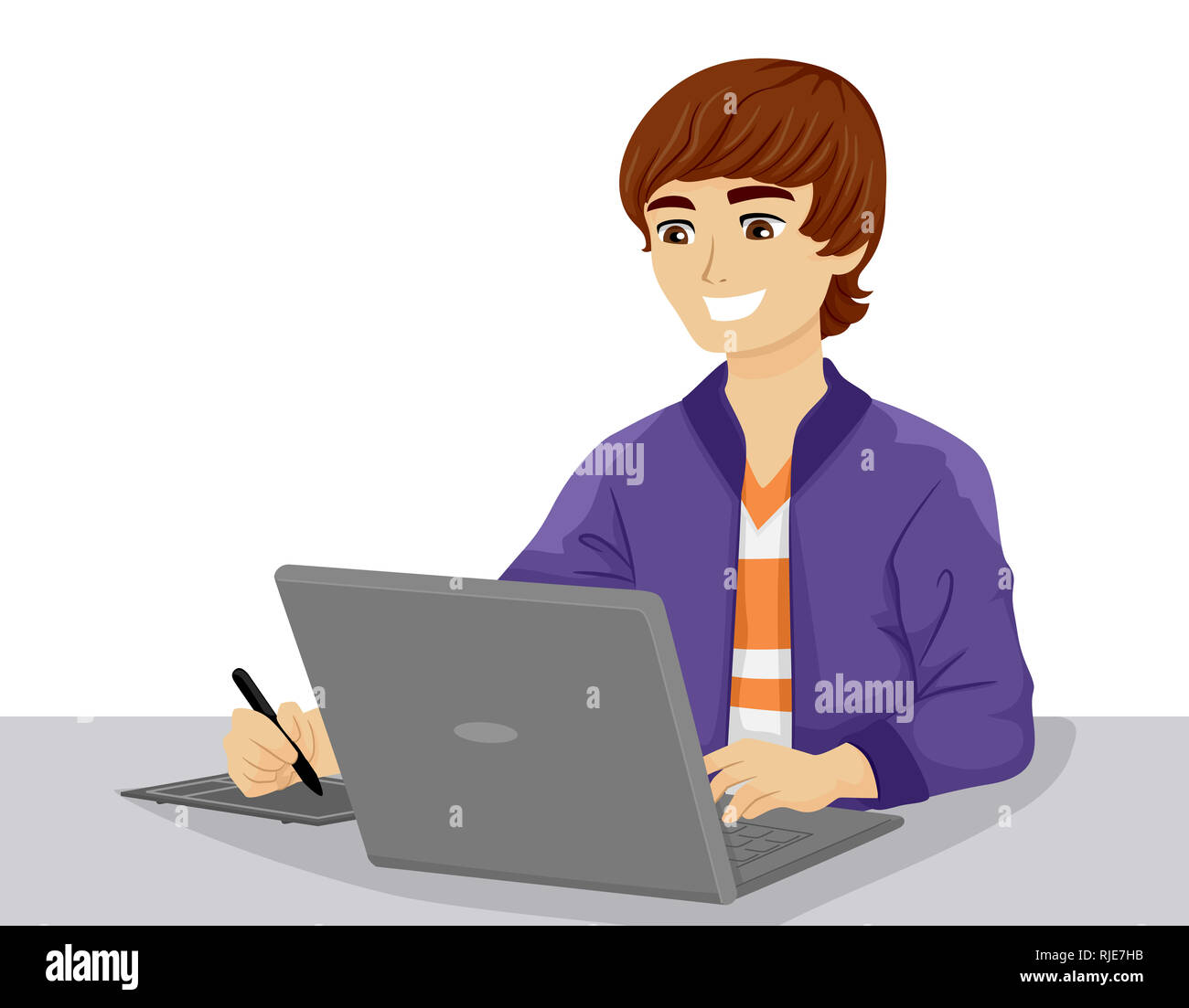 Illustration of a Teenage Guy Using a Laptop and Graphic Pen Creating ...