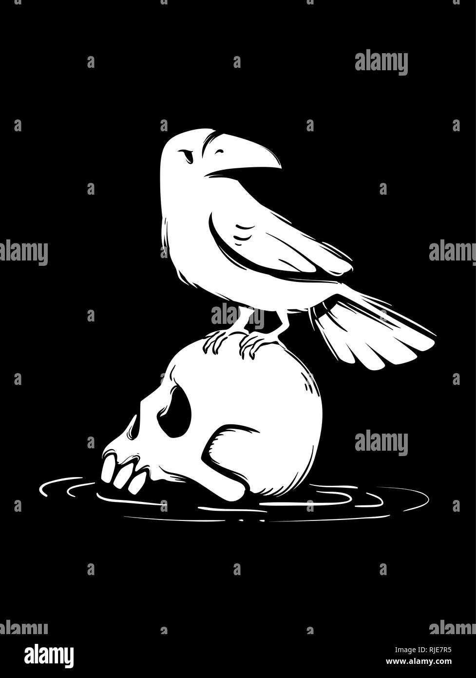 Illustration of a Crow Standing On Top of a Skull in Black and White ...