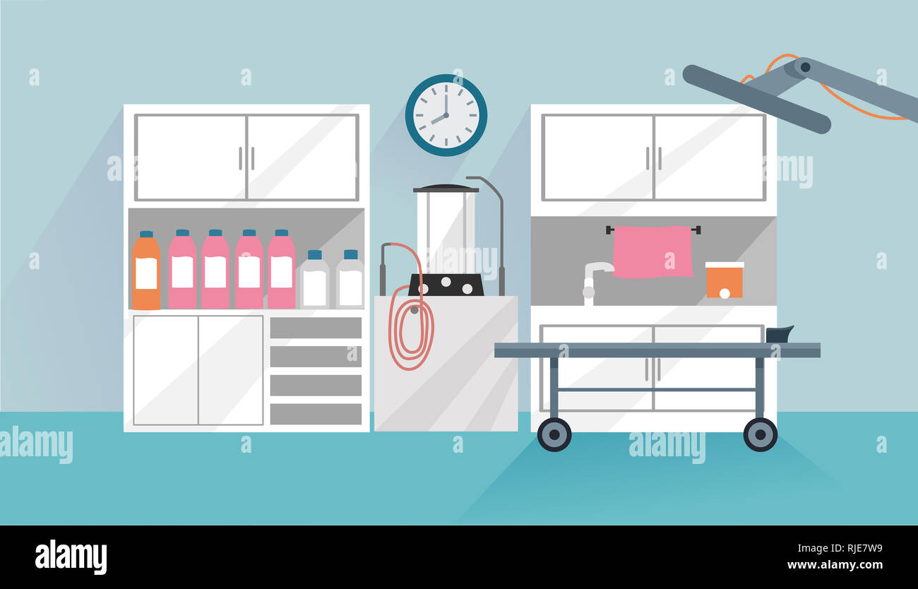 Illustration of an Embalming Station with Cabinets, Stretcher, Overhead ...