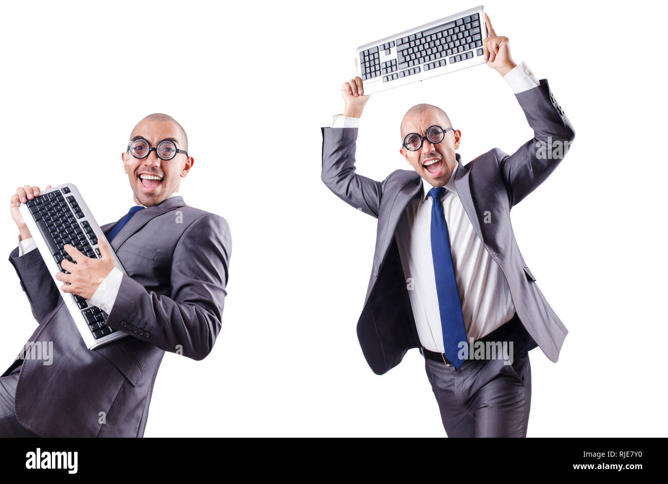 Nerd businessman with computer keyboard on white Stock Photo - Alamy