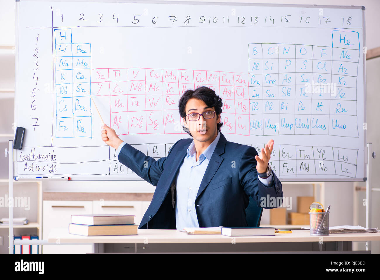 Young male chemistry teacher in front of periodic table Stock Photo - Alamy