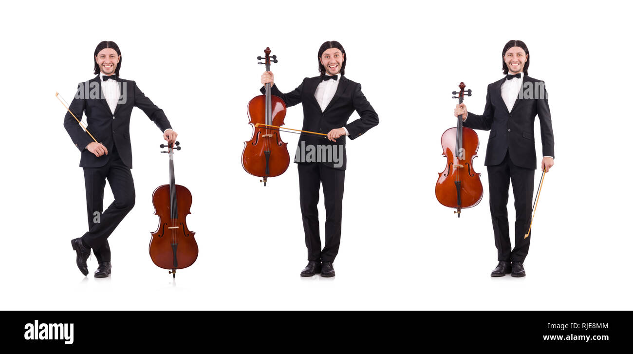 Funny man with music instrument on white Stock Photo - Alamy