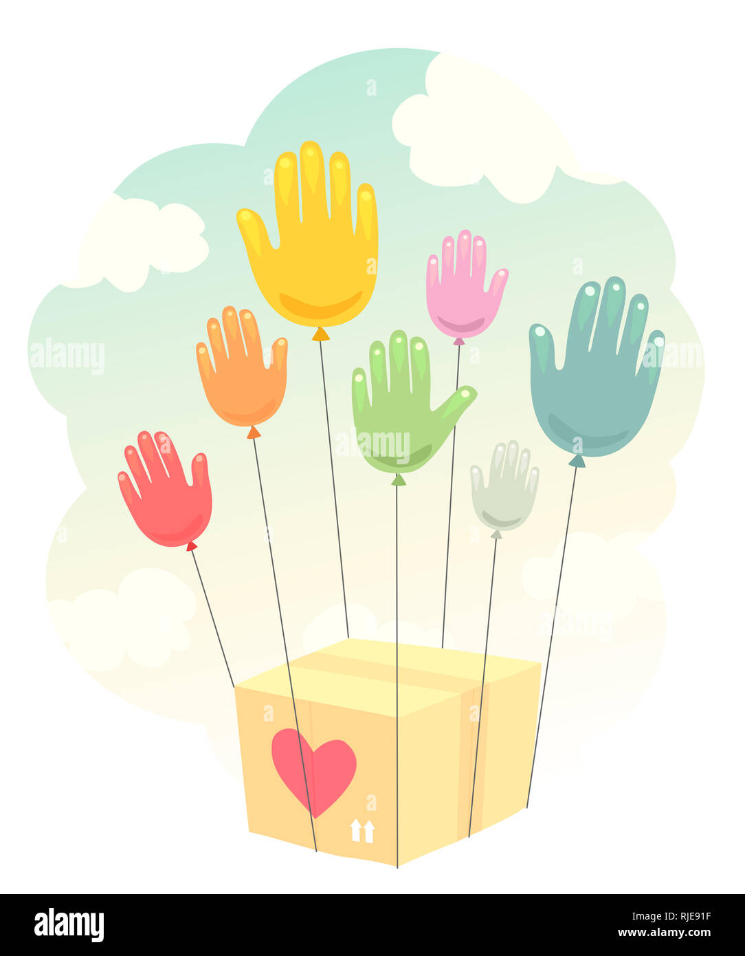 Illustration of Hand Balloons Carrying a Donation Box with Heart Print ...