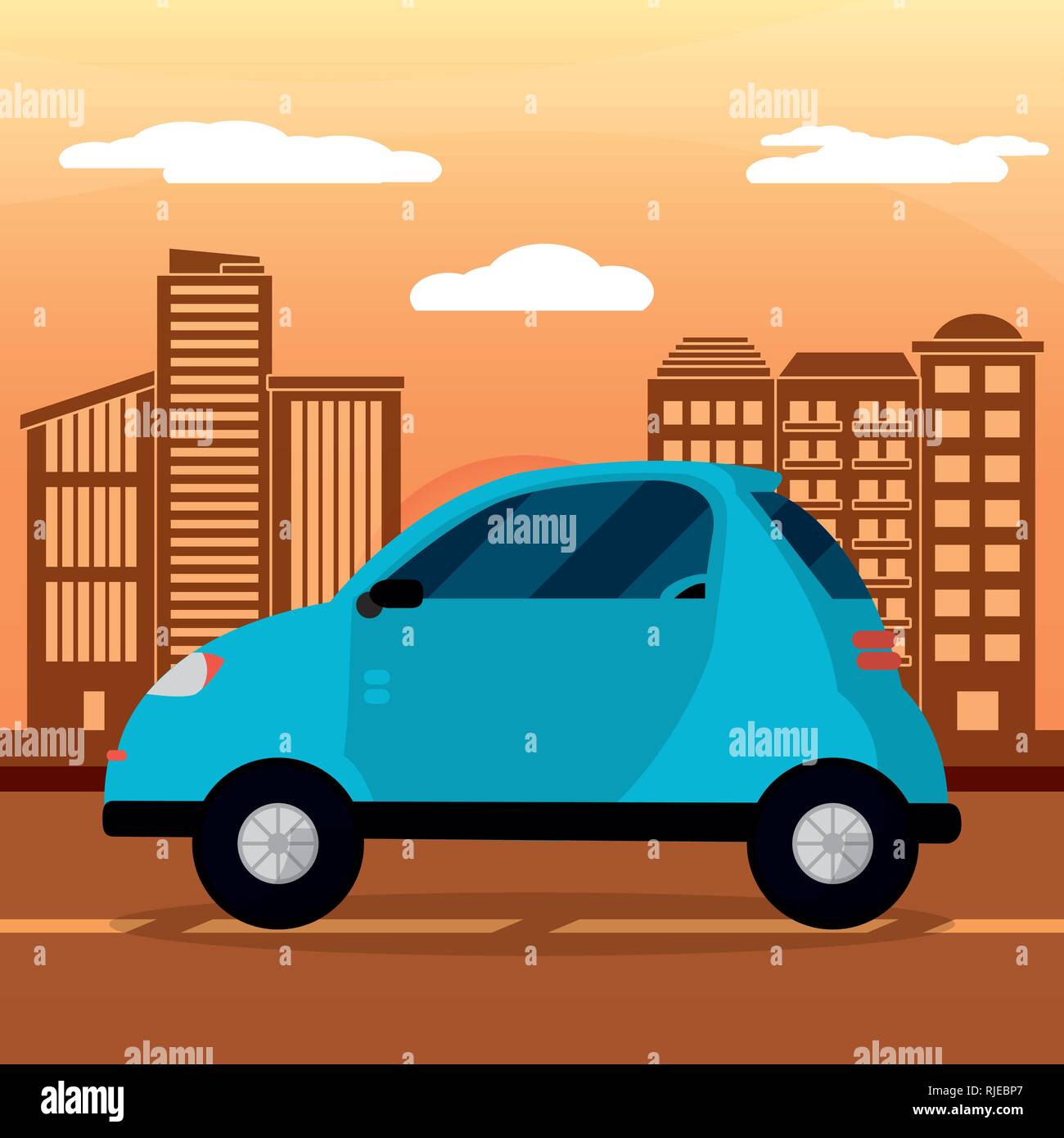 blue car city sunset Stock Vector Image & Art - Alamy