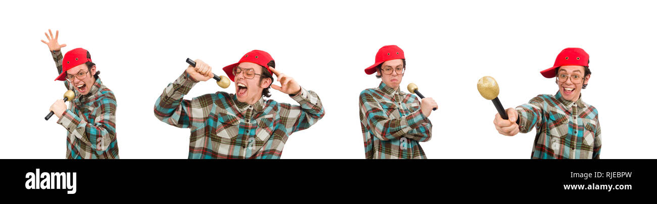 Funny guy singing isolated on white Stock Photo - Alamy