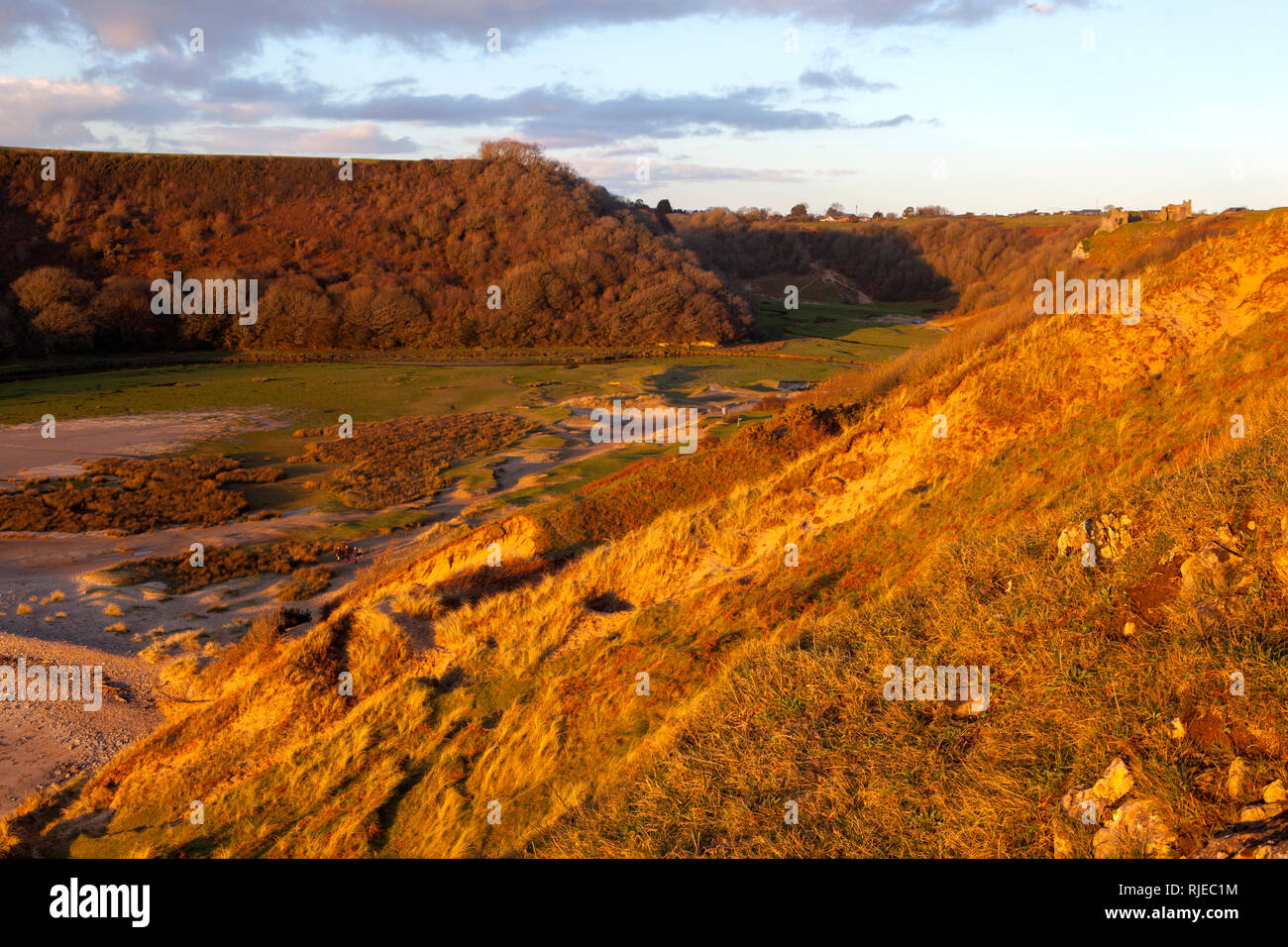 View over Pennard Pill towards Pennard Castle, Gower, Swansea, Wales ...