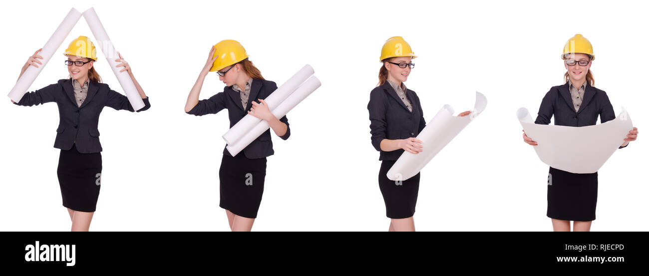 Female architect with blueprint isolated in white Stock Photo - Alamy