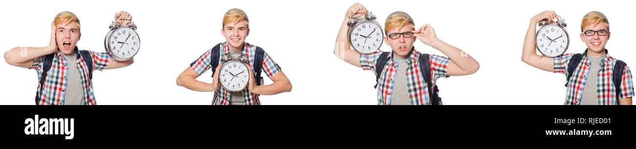 Young boy with alarm-clock in time management concept Stock Photo - Alamy