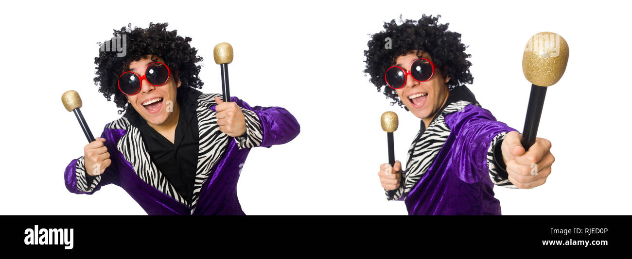 Funny man with microphone isolated on white Stock Photo - Alamy