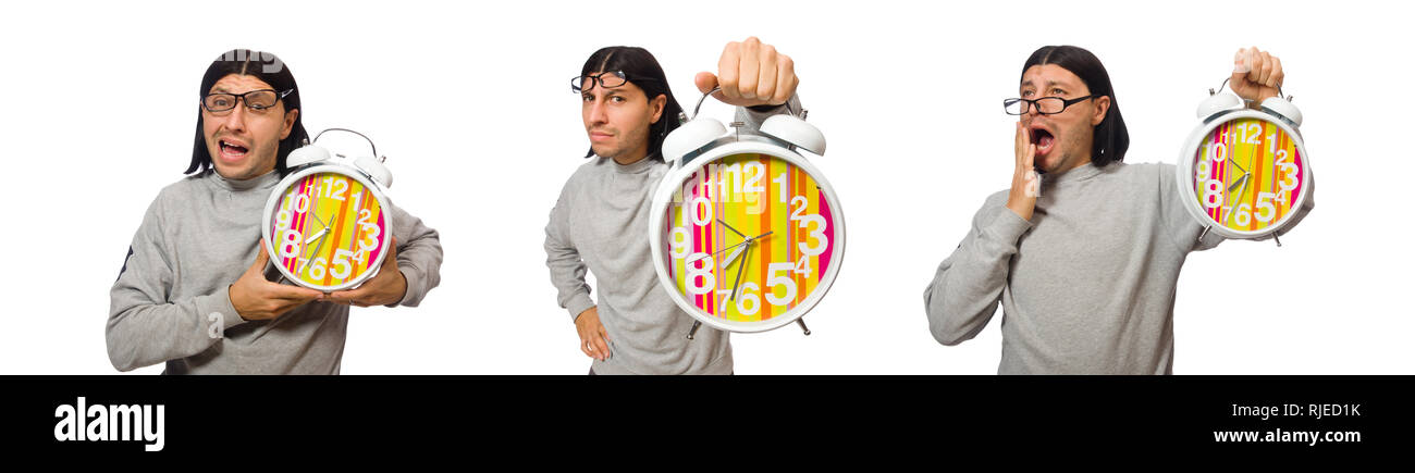 Funny man with clock isolated on white Stock Photo - Alamy