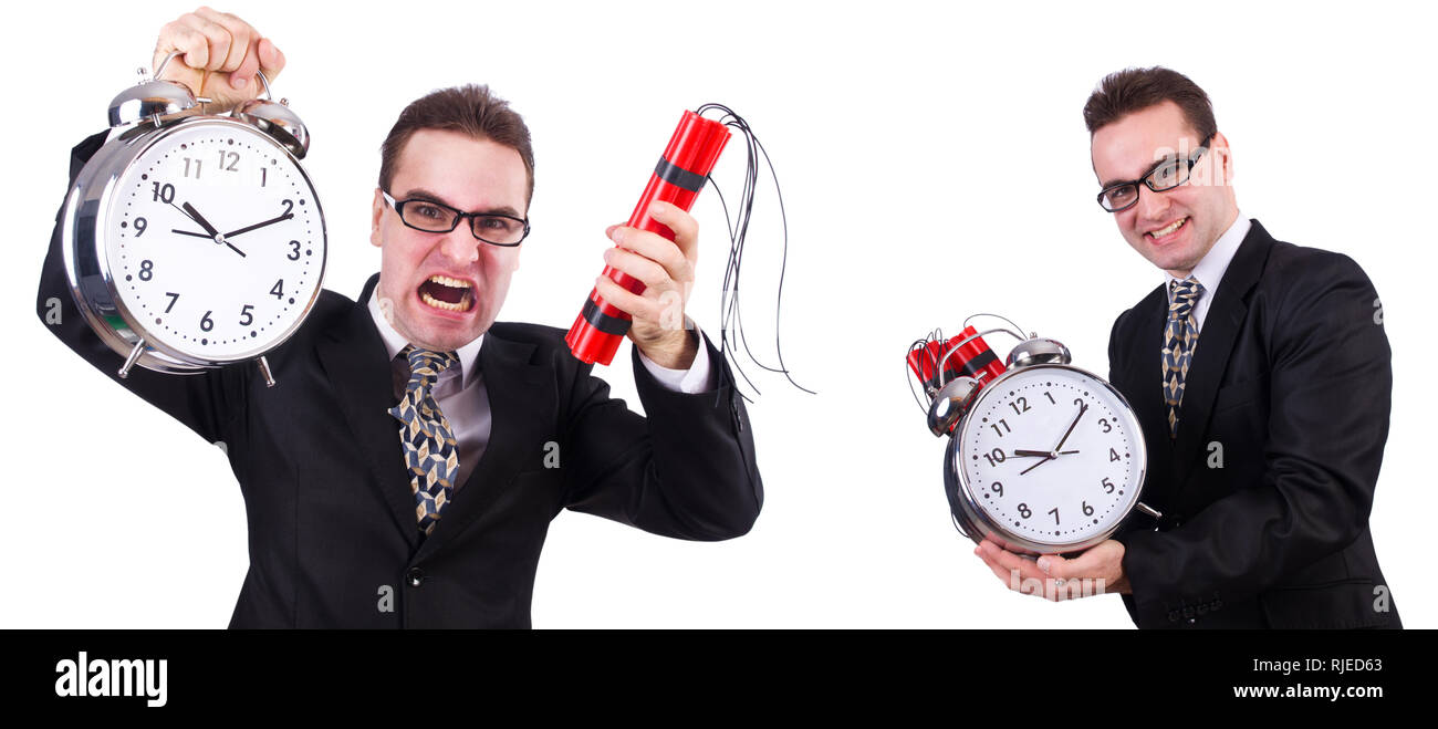 Man with time bomb isolated on white Stock Photo - Alamy