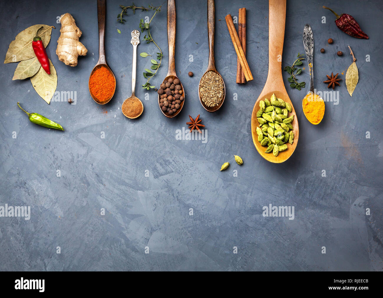 Various Spices powder turmeric, cardamom, chili, paprika, ginger, star ...