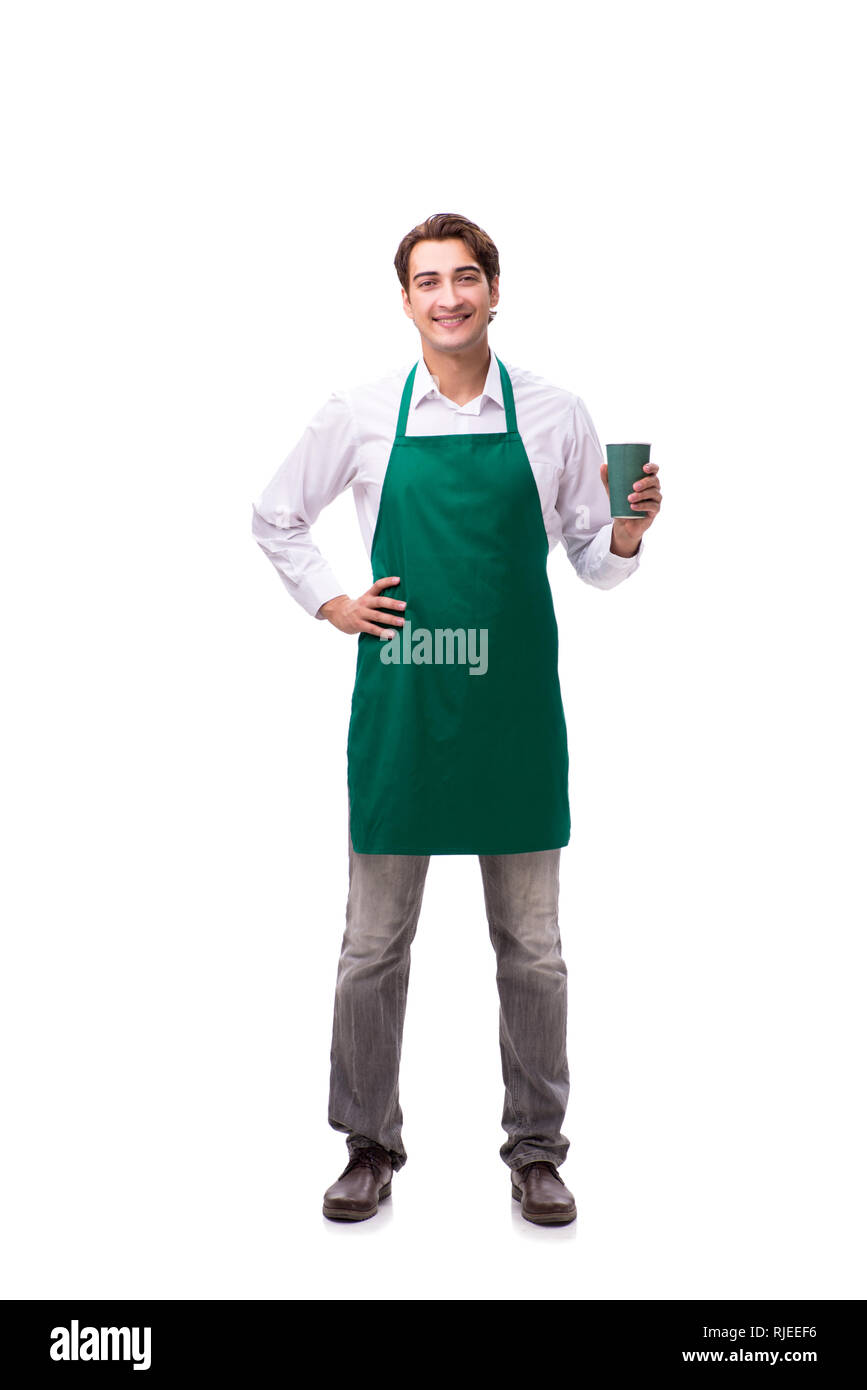 Young barista isolated on white background Stock Photo - Alamy