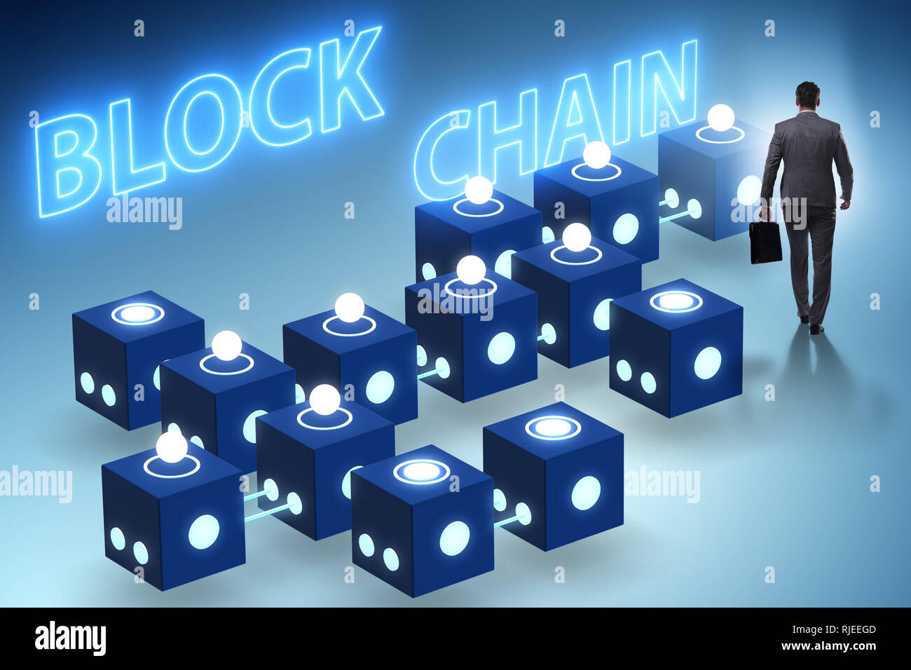 Blockchain innovative concept with businessman Stock Photo - Alamy