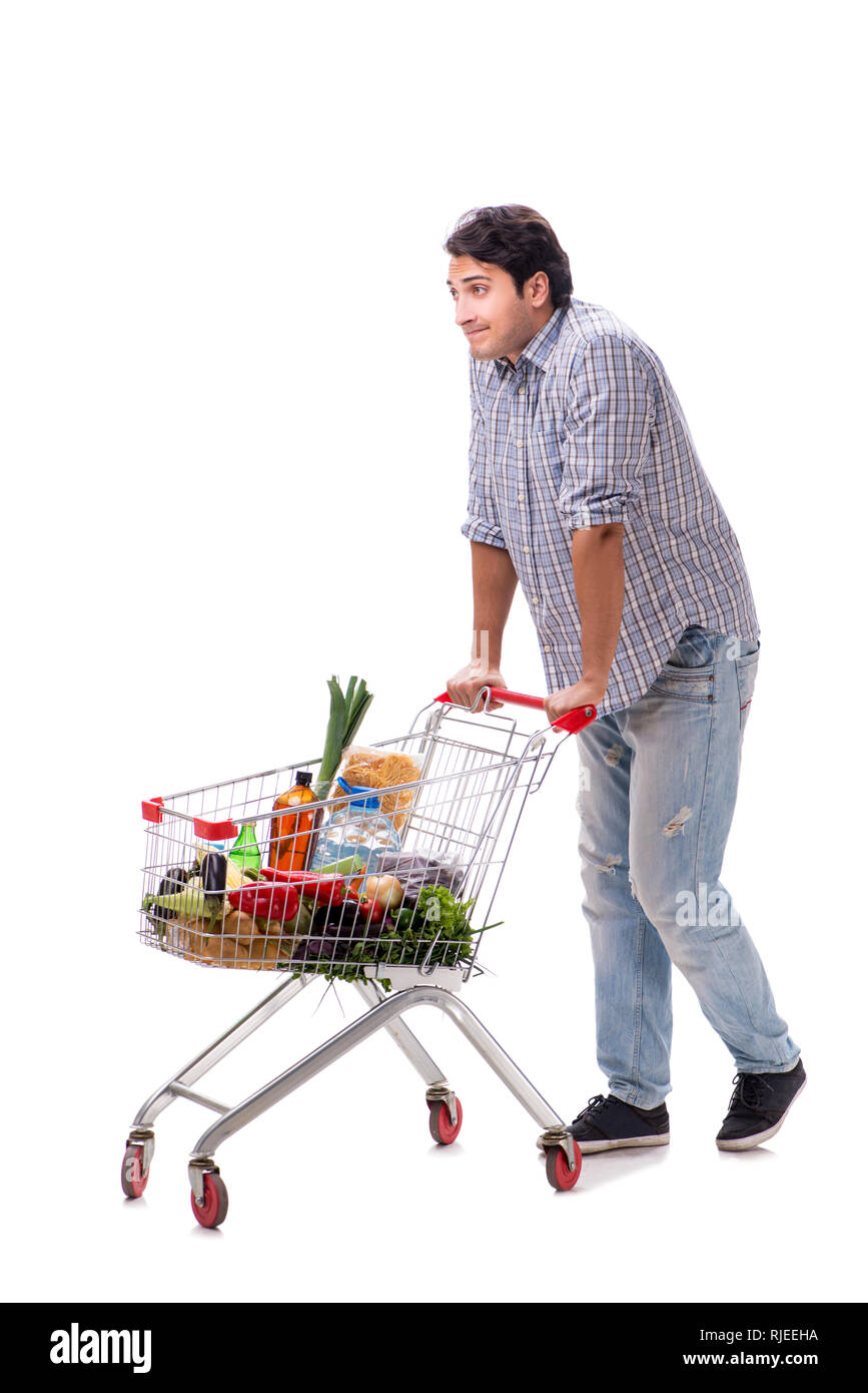 Young man with supermarket cart trolley on white Stock Photo - Alamy
