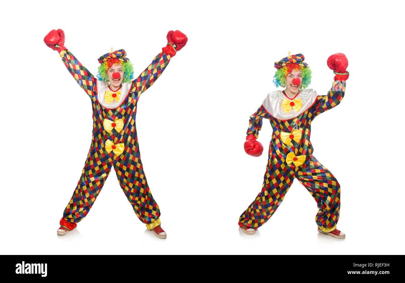 Clown with boxing gloves isolated on white Stock Photo - Alamy