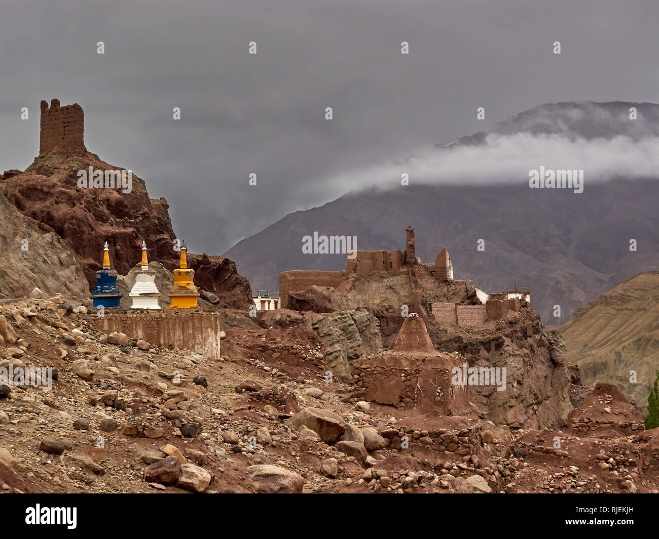 Buddhist monastery of Basgo Gonpa, ancient stone buildings and bright ...
