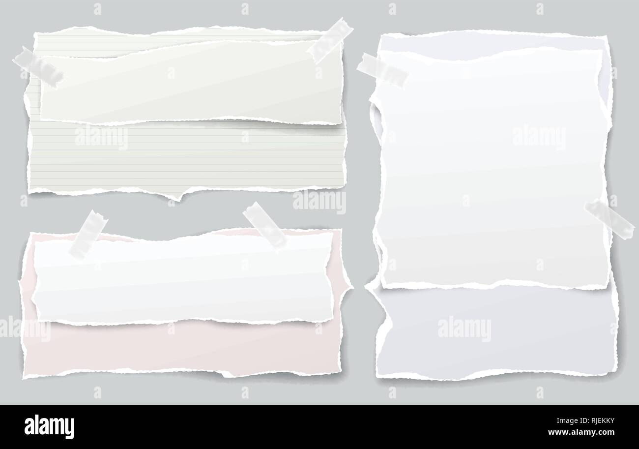 Set of white and colorful ripped notebook paper, torn note paper strips ...