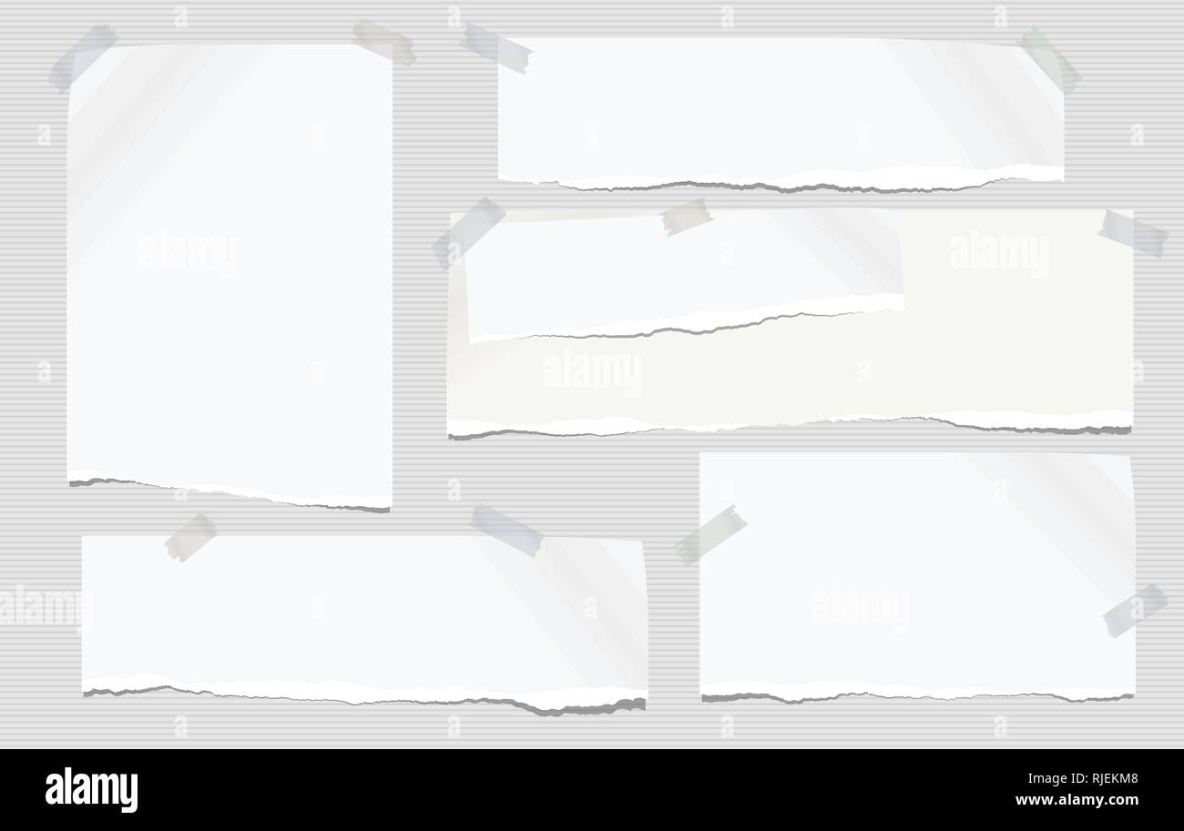 Set of white ripped notebook paper, torn note paper strips stuck with ...