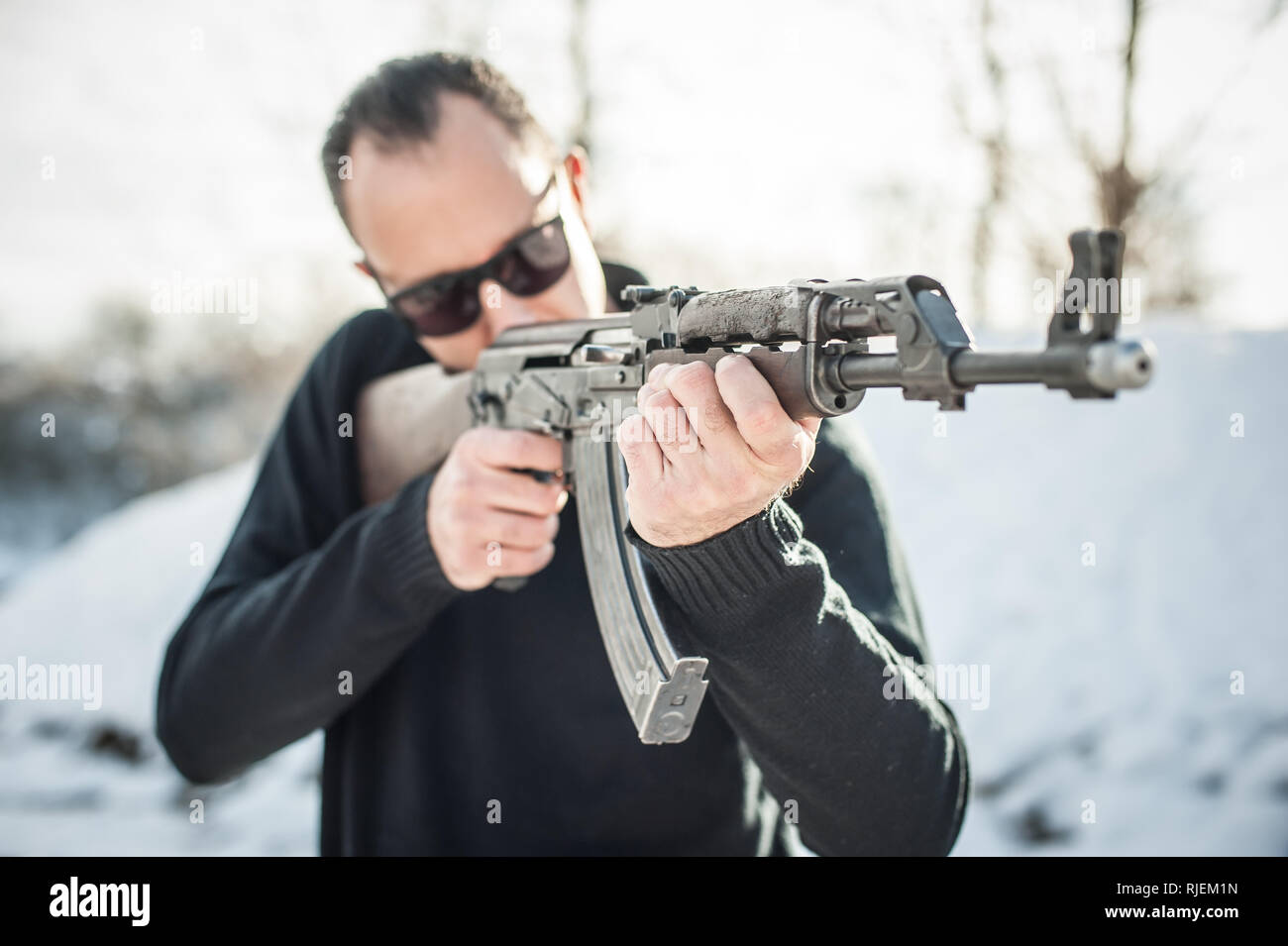 Front view gun point of riffle machine gun. Firearm shooting and ...