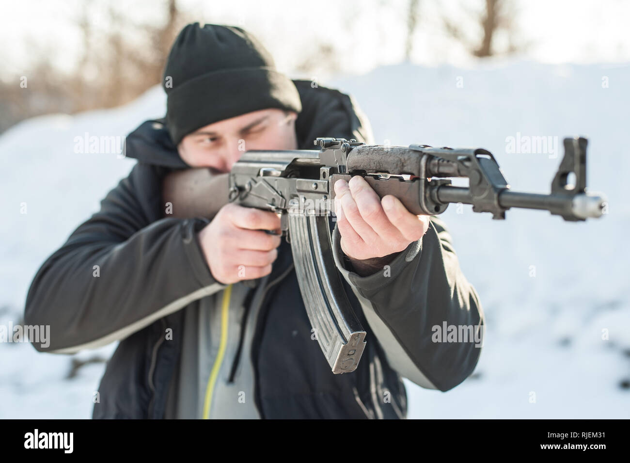 Front view gun point of riffle machine gun. Firearm shooting and ...
