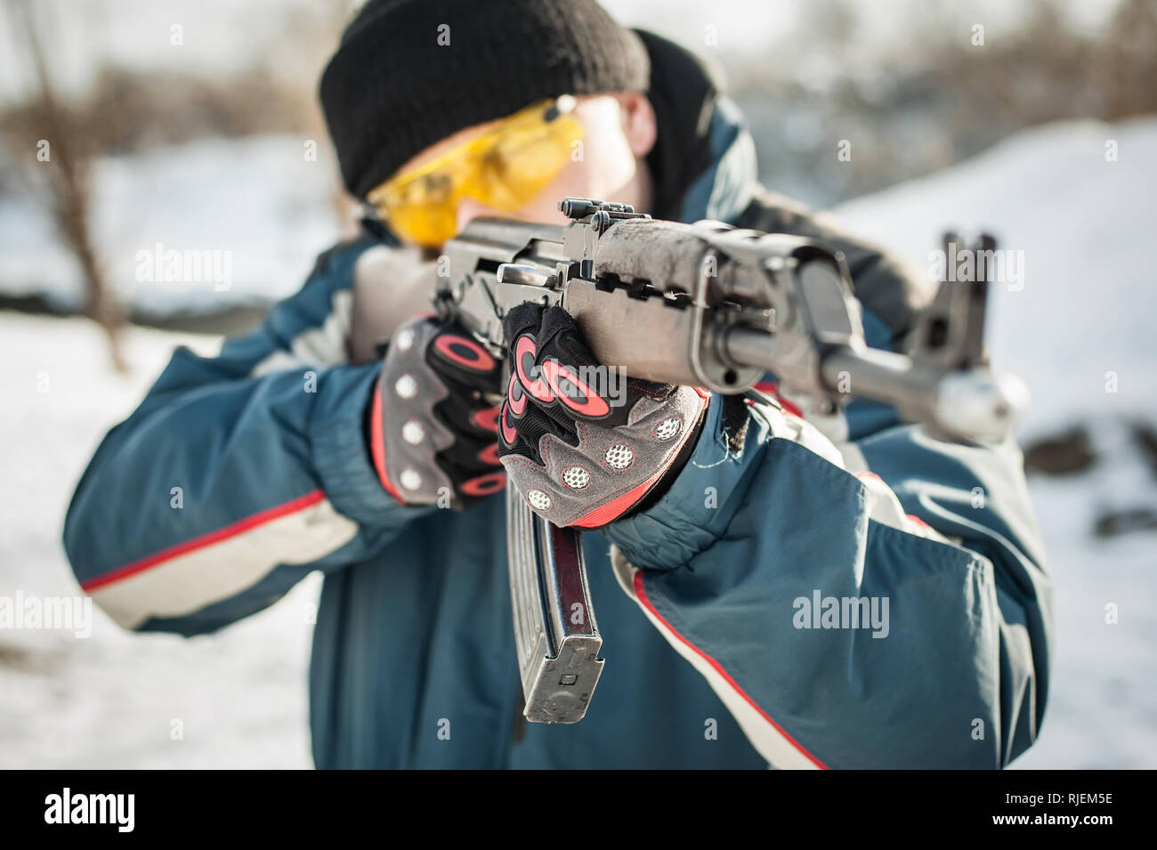 Front view gun point of riffle machine gun. Firearm shooting and ...