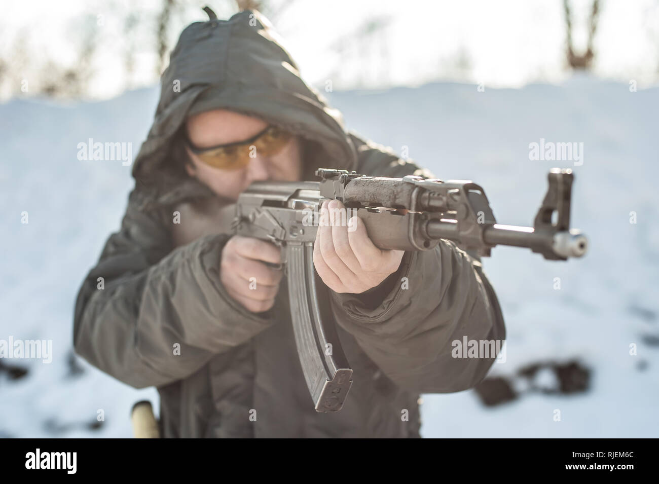 Front view gun point of riffle machine gun. Firearm shooting and ...