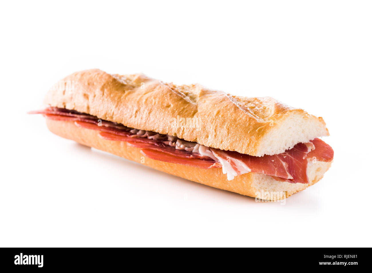 Spanish serrano ham sandwich isolated on white background Stock Photo ...