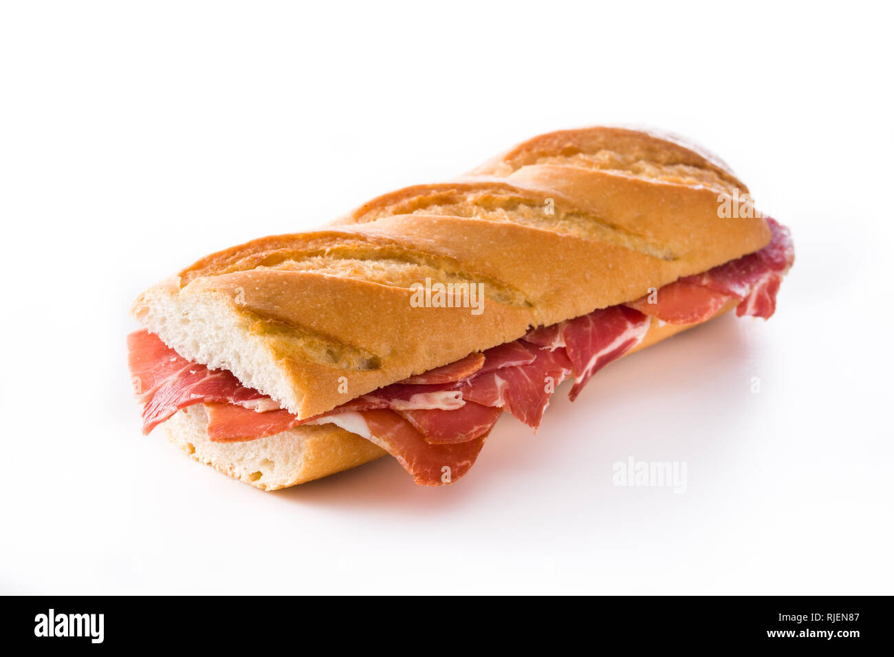 Spanish serrano ham sandwich isolated on white background Stock Photo ...