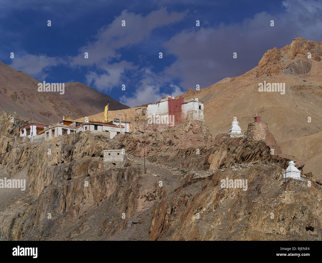 Buddhist monastery and ancient Tibetan stupas on a cliff, Ladakh, Jammu ...