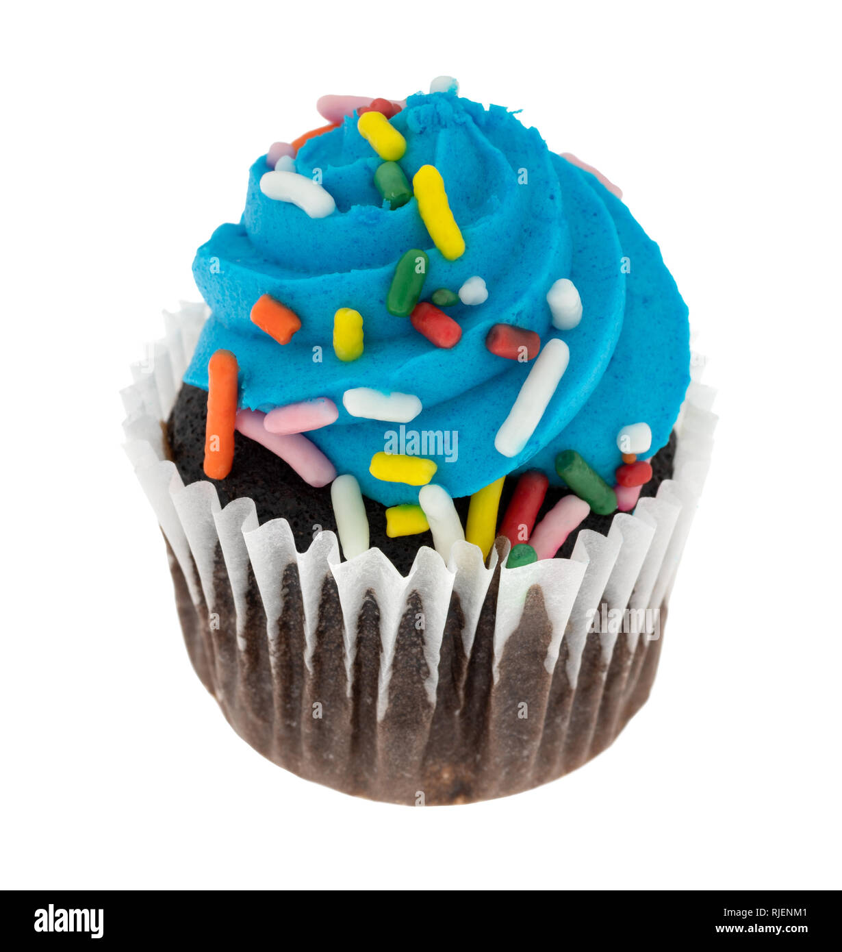 Side view of a single blue frosted chocolate cupcake isolated on a ...