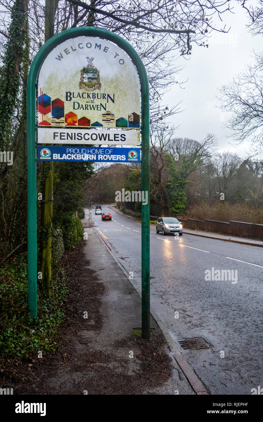Welcome to Blackburn and Dawen boundary sign in winter at Feniscowles ...