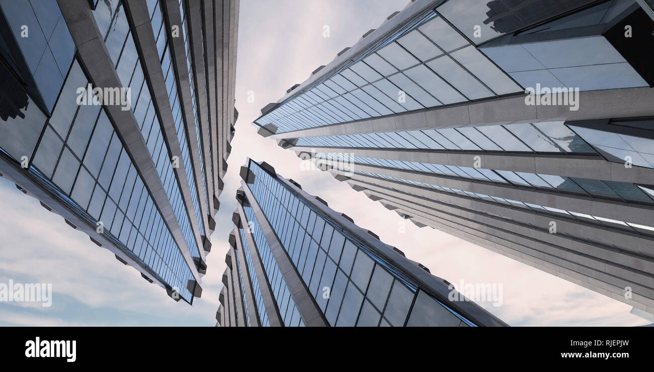 Bottom angle view of glass blue building Stock Photo - Alamy