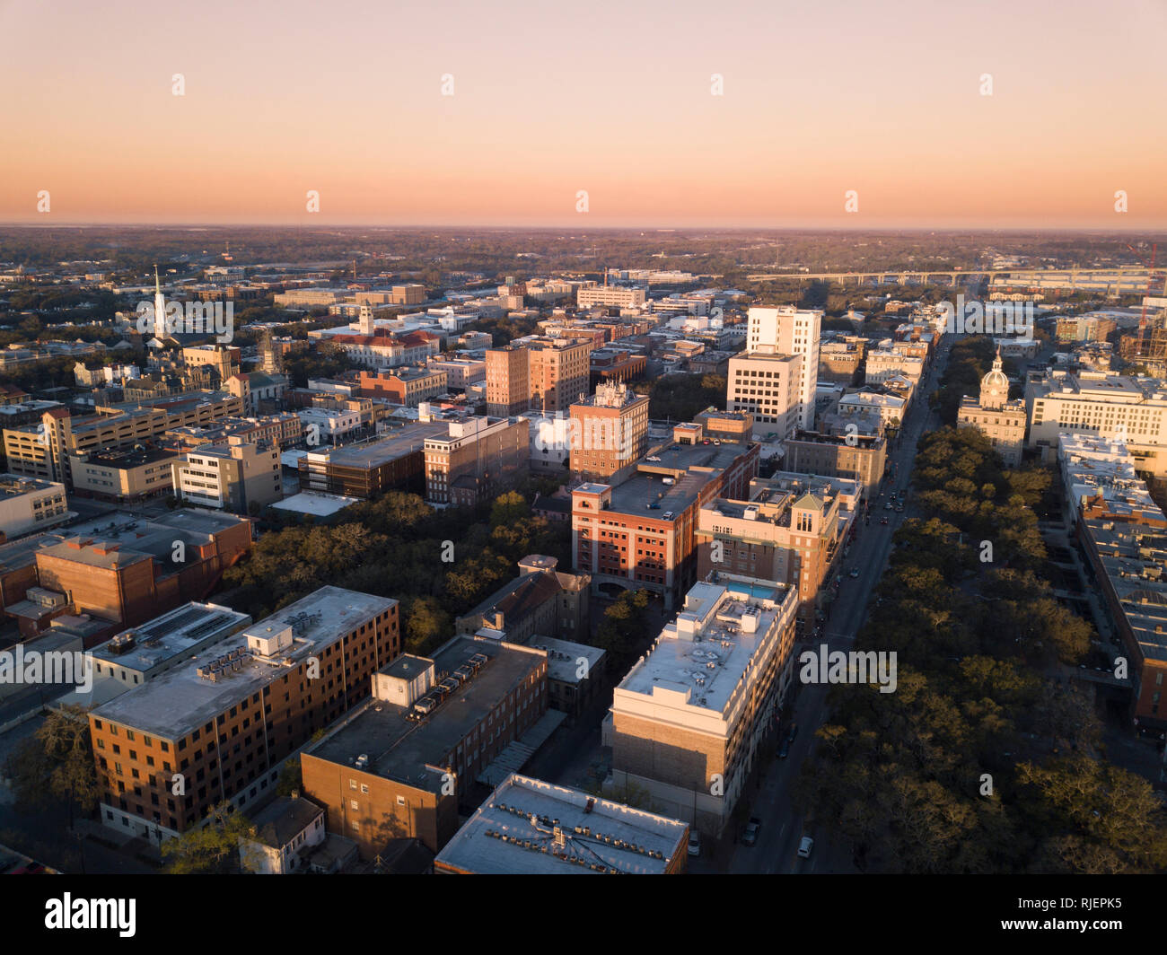 Aerial view of downtown Savannah, Georgia at first light Stock Photo ...