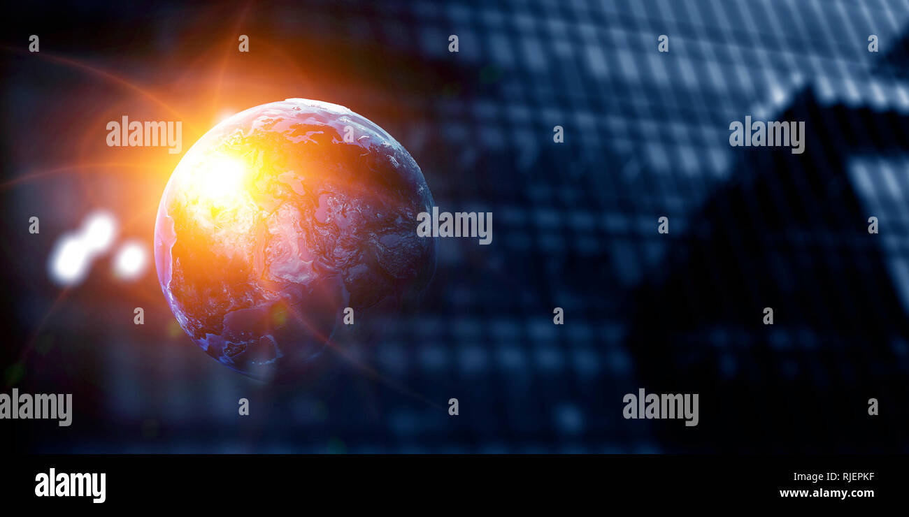 Concept of modern technologies with digital globe and modern cityscape ...