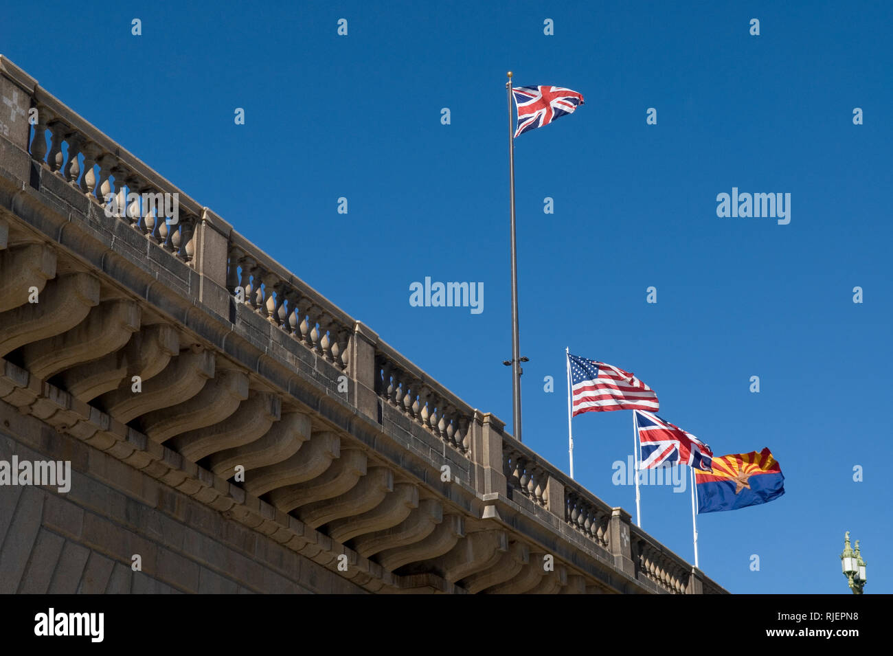 Arizona, USA and British flags flying at historic London Bridge, Lake ...