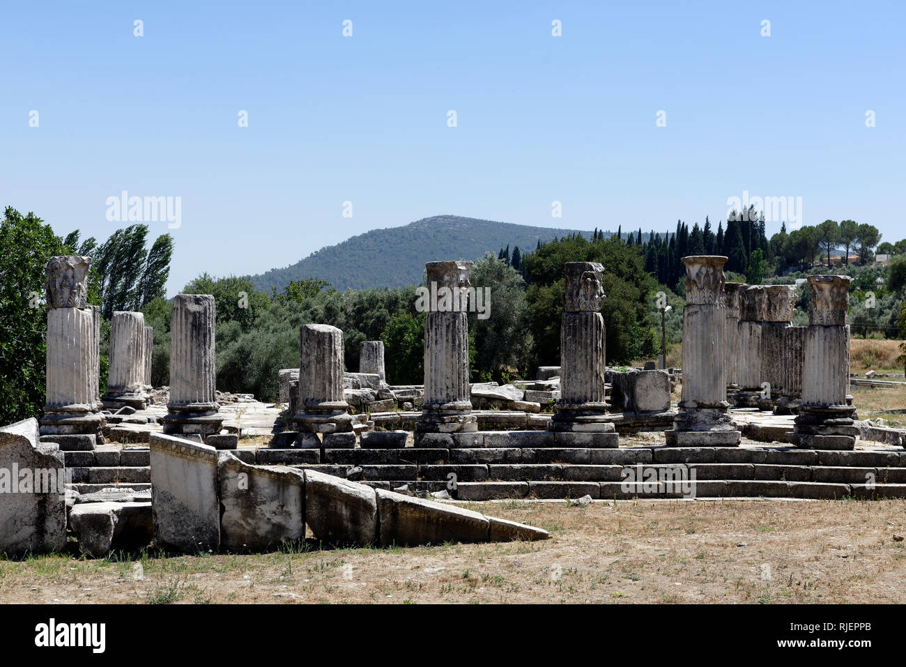 Pediment pieces lay in front of the 2nd century BC Temple of Hecate ...